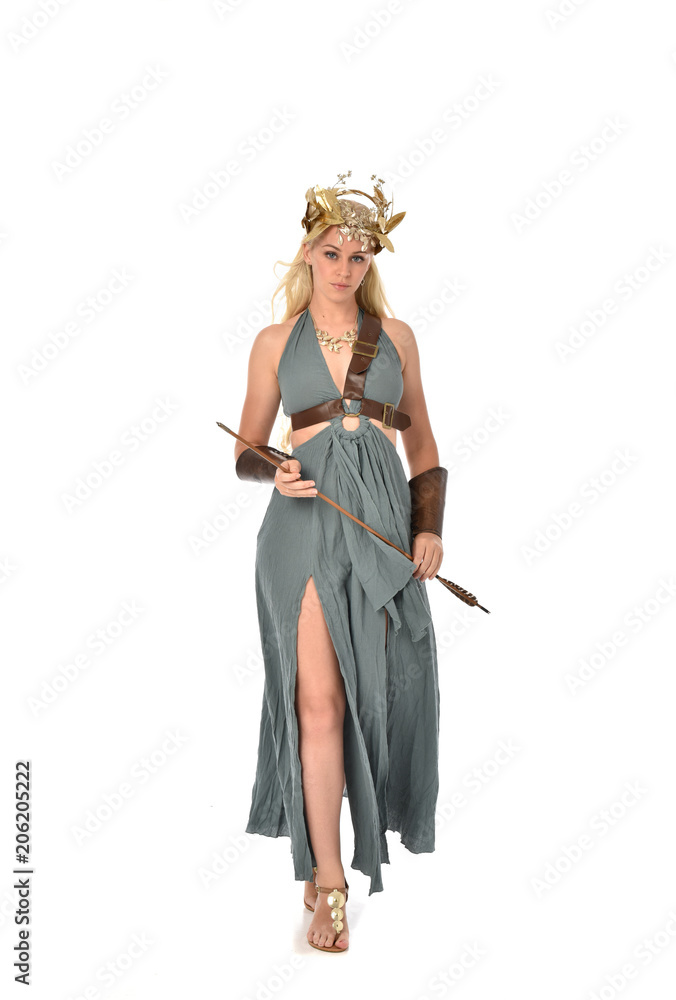 full length portrait of pretty blonde lady wearing fantasy toga gown ...