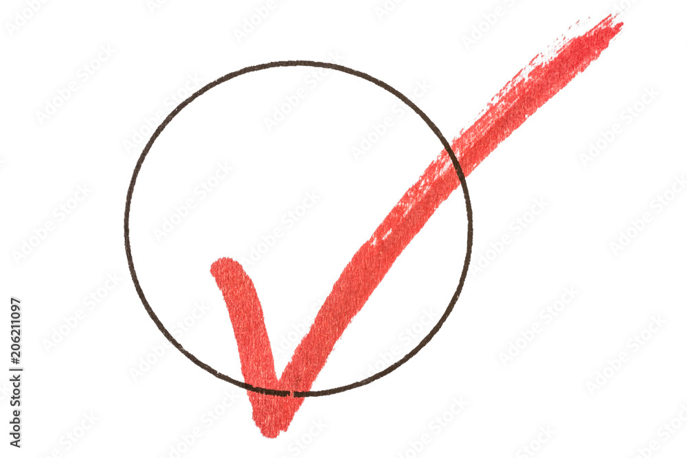 Freigestellter roter Haken im schwarzen Kreis als Symbol für erledigte ...