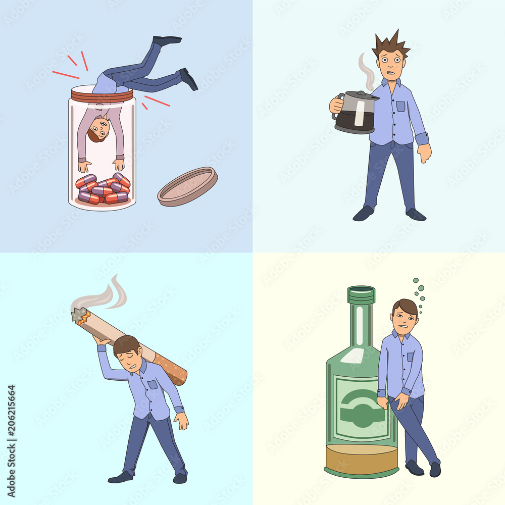 Addictions and bad habbits. Set of example cartoon characters. Vector ...