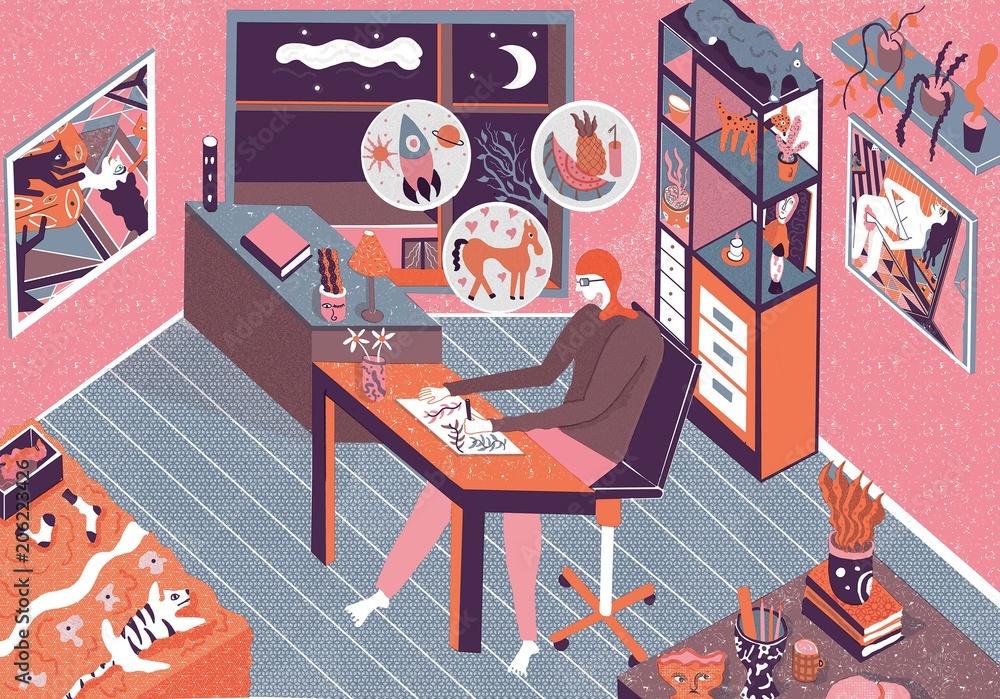 Illustrator artist creating in studio Stock Illustration | Adobe Stock