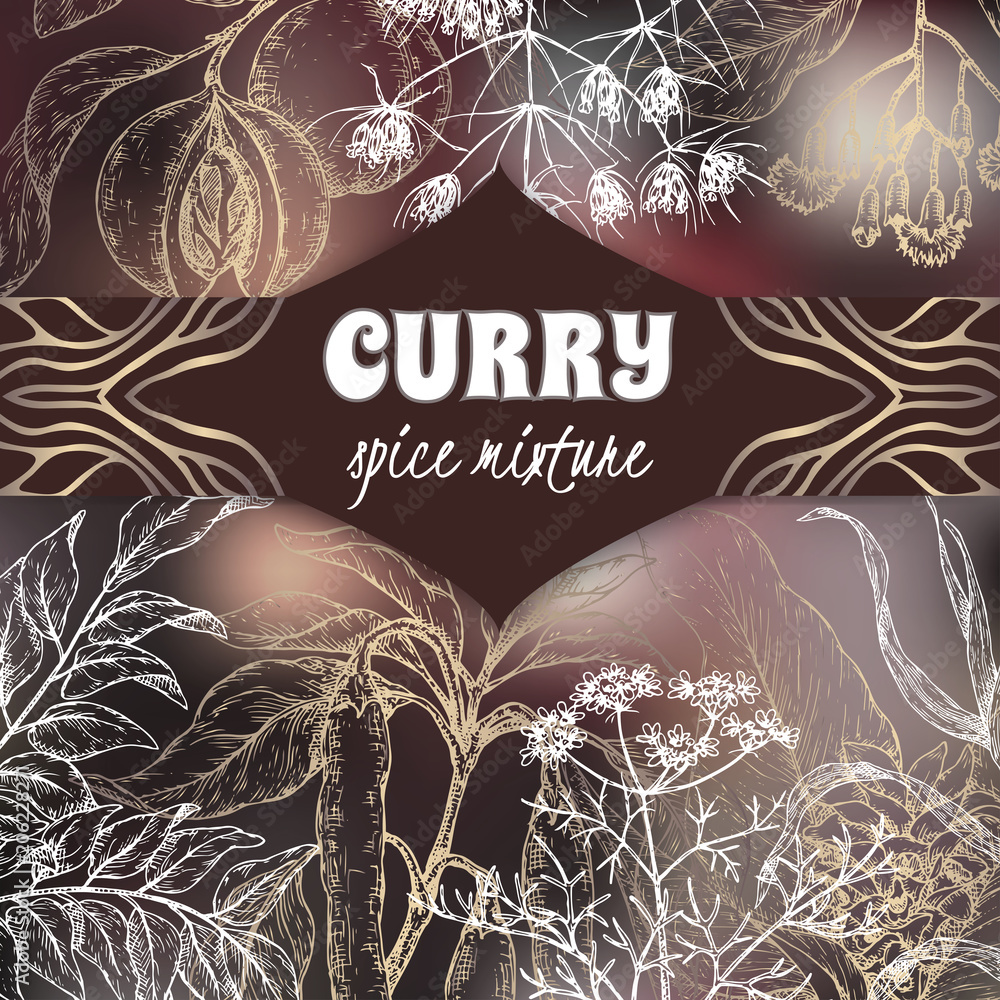 Elegant curry mixture template with curry tree, turmeric, coriander ...