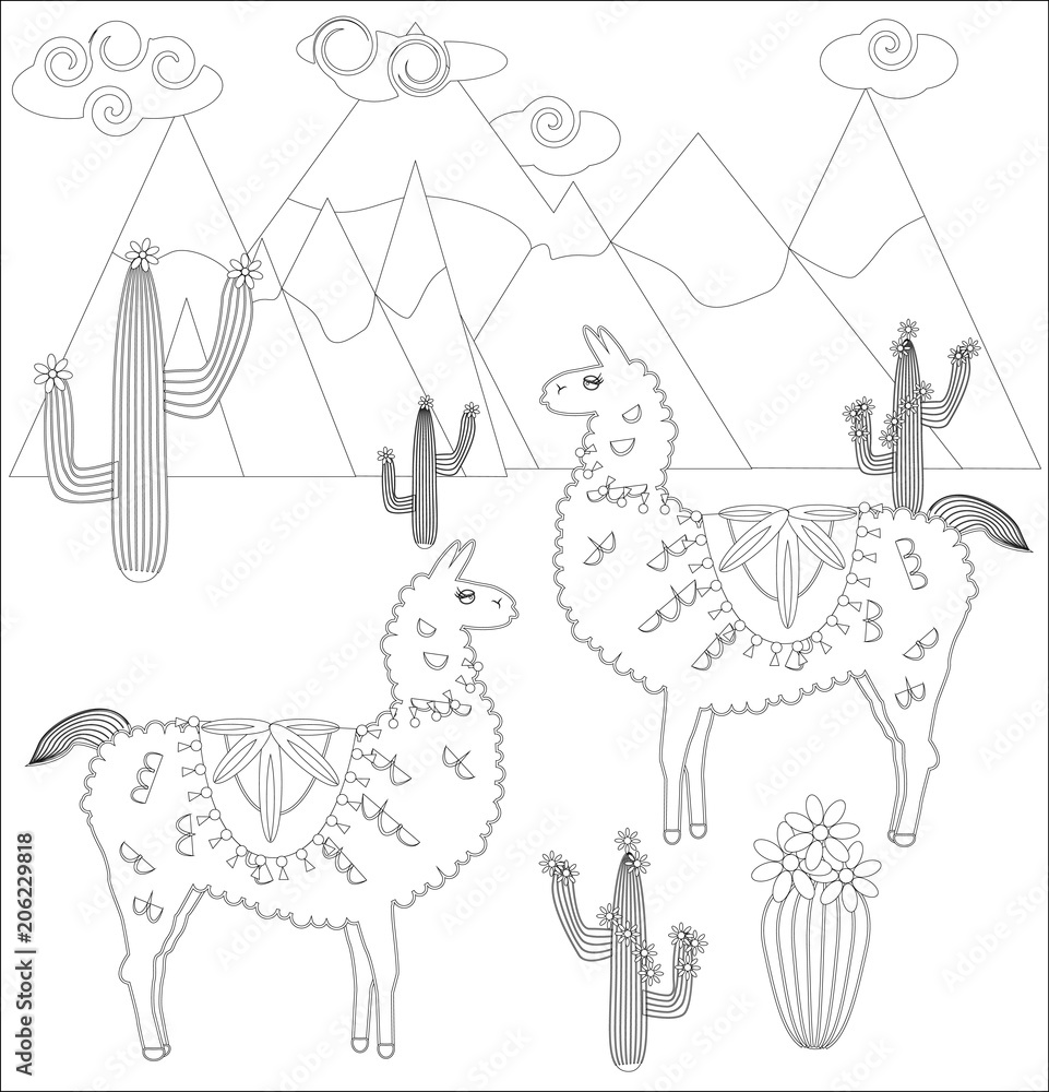 Coloring page of cartoon lama. Vector illustration, coloring book for ...
