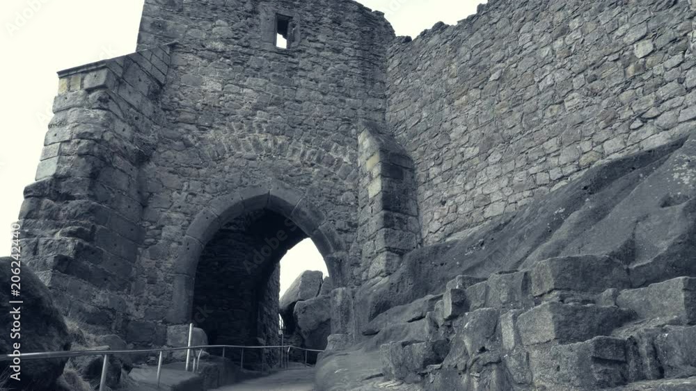 Ruins of medieval castle. Scary giant building, huge defensive ...