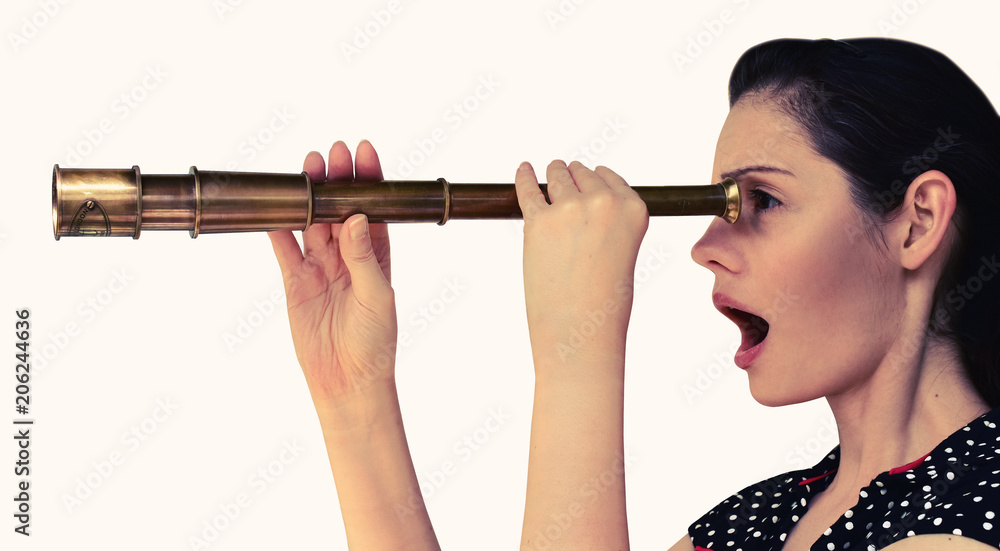 Frau mit Fernrohr Vintage Stock-Foto | Adobe Stock