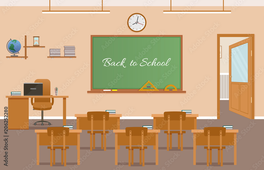 School class room interior design with text on chalkboard. School ...