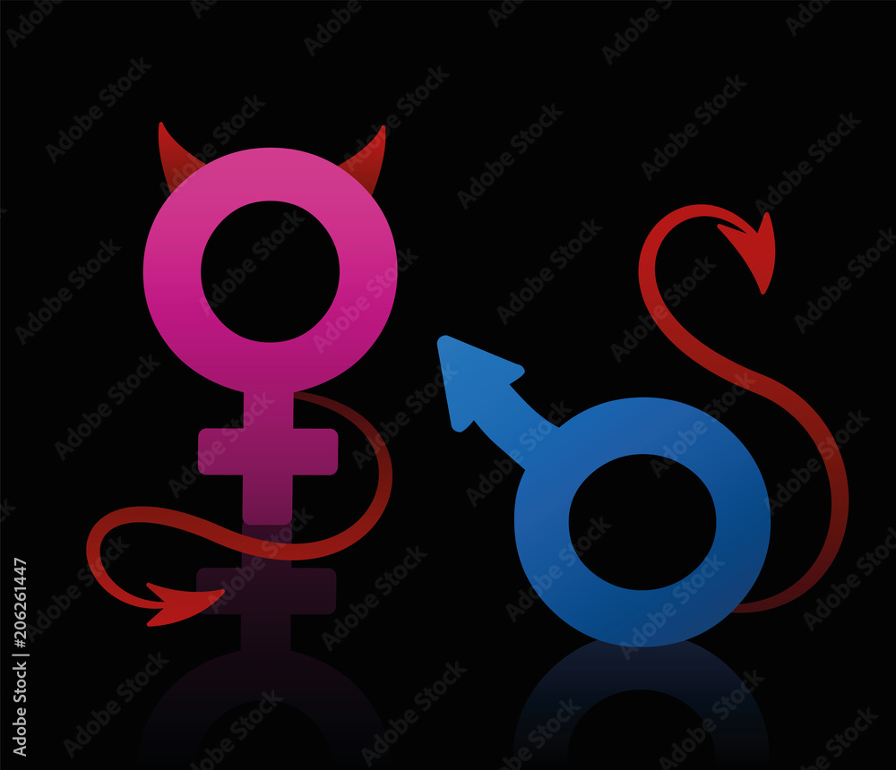Bad boy and bad girl figured as the male and female symbol, blue and ...