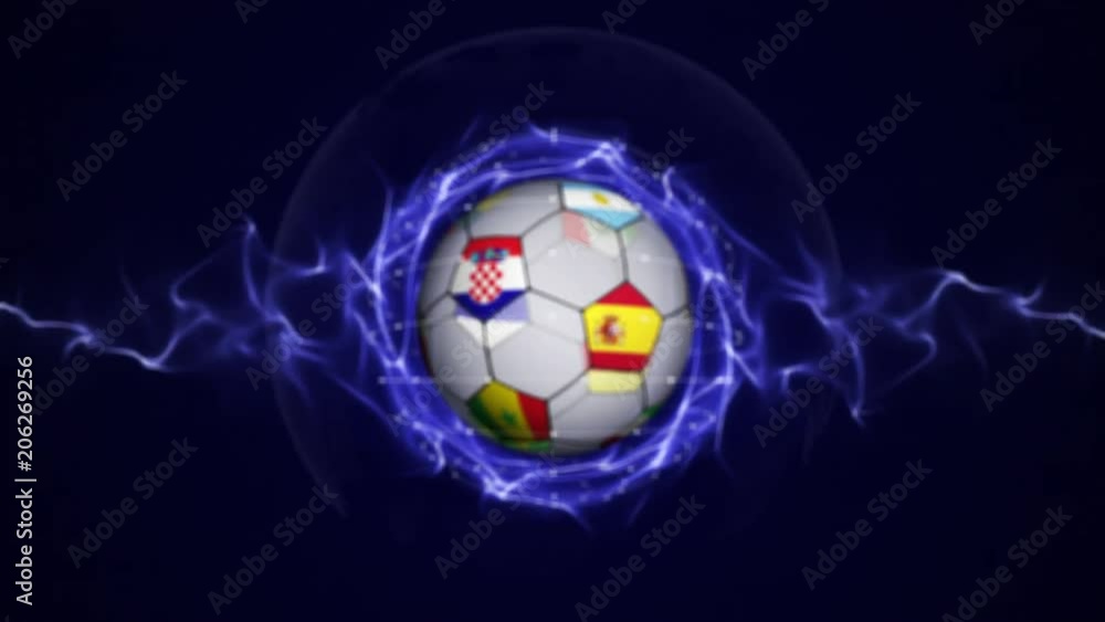 Soccer Ball and World Flag in Blue Abstract Particles Ring, ZOOM IN ...