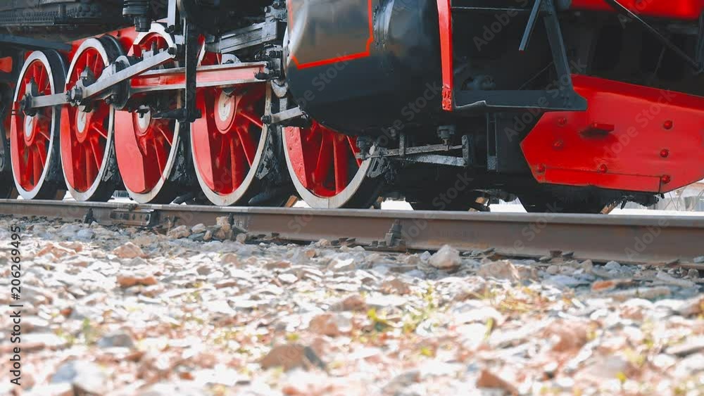 Old locomotive wheels close up. Detail of steam locomotive, side ...