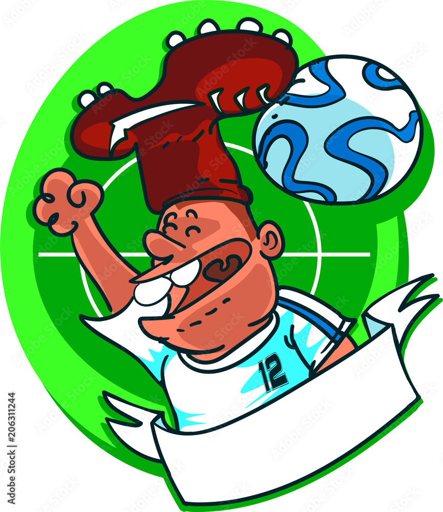 soccer fan with crampon and football ball shaped hat cartoon style ...