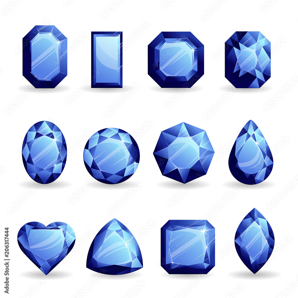 Set of realistic navy blue gemstones. Sapphire of different forms ...