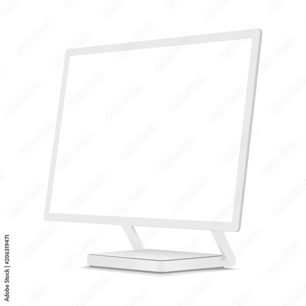 White computer monitor mockup with perspective 3/4 right view. Showcase ...