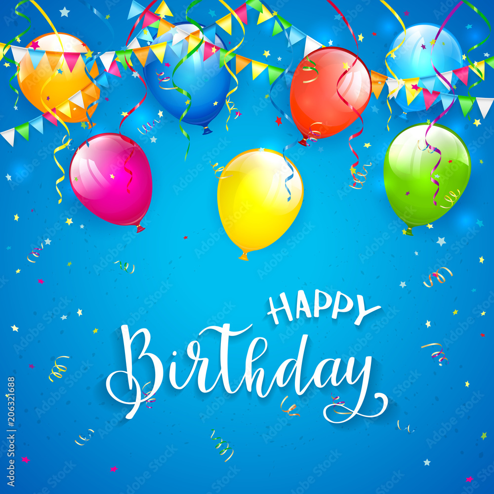 Blue Birthday background with pennants and balloons Stock Vector ...