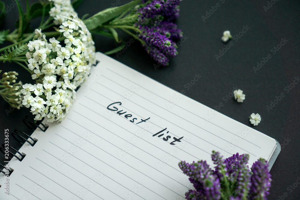 Handwritten text guest list with black background, violet and white ...