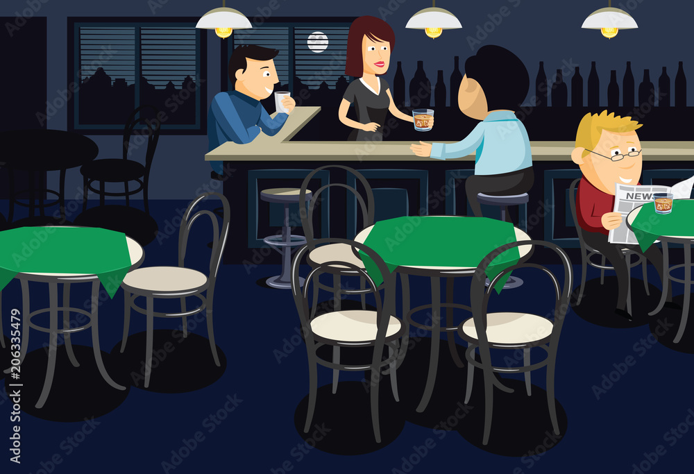 Interior of the night bar. Man in a bar orders a whiskey. Cartoon ...