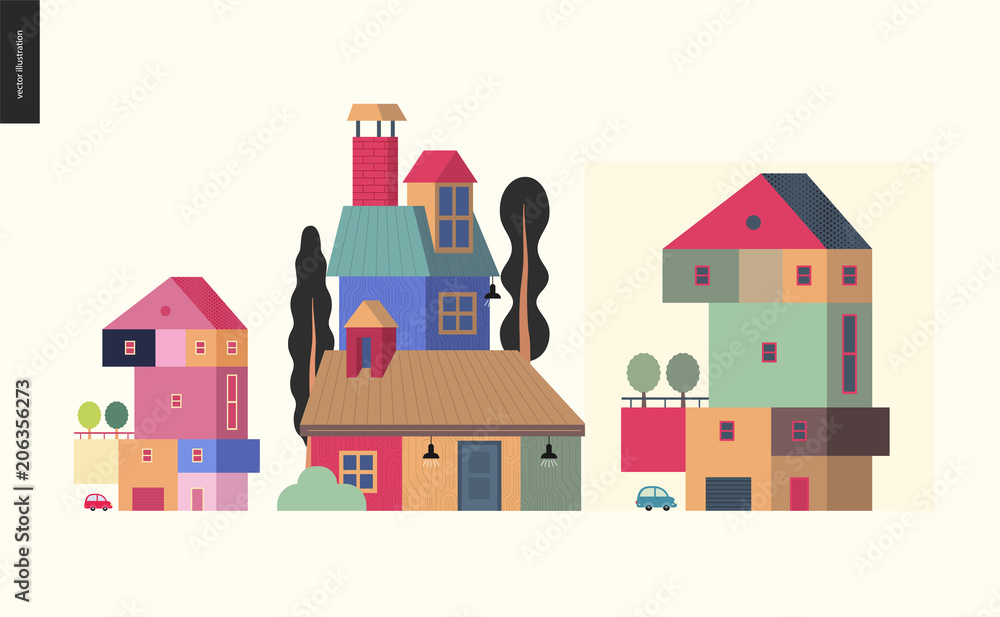 Simple things - houses - flat cartoon vector illustration of colorful ...