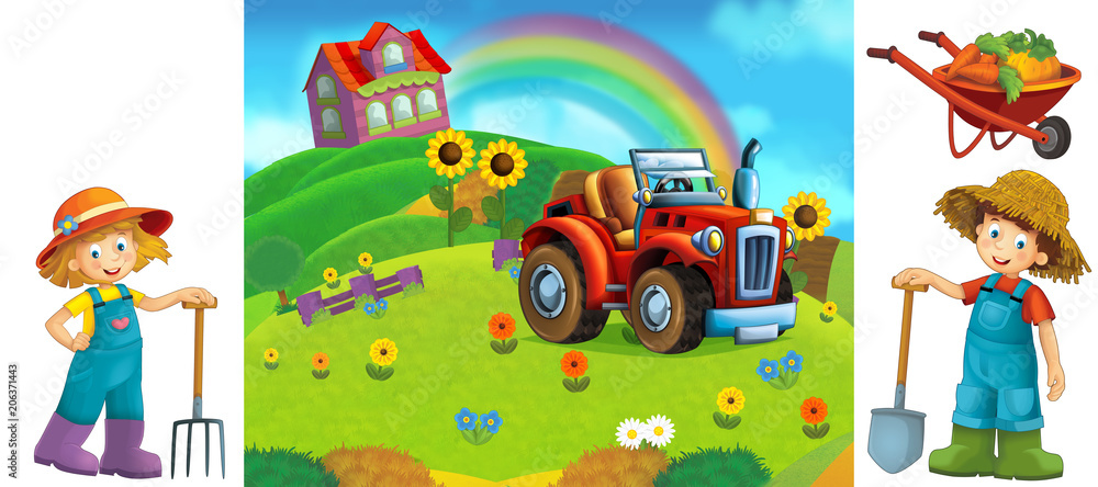 cartoon scene with kids on the farm having fun - illustration for ...