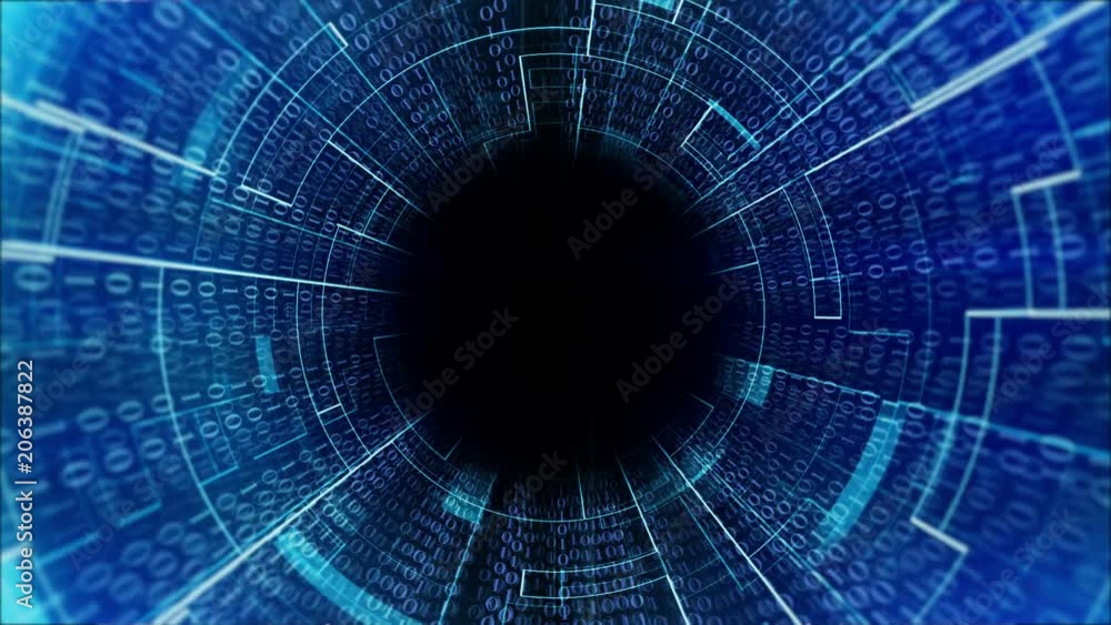 loopable Abstract background with flying into digital tunnel from flickering particles, digits 0 ...