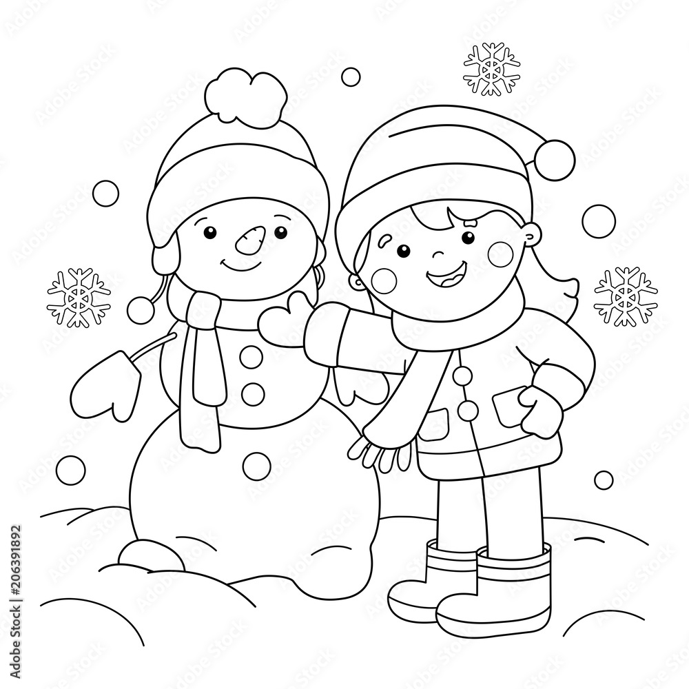 Coloring Page Outline Of cartoon girl making snowman. Winter. Coloring ...