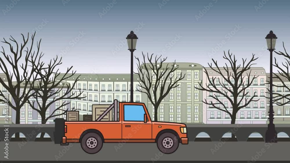 Animated pickup truck with boxes in the trunk riding through autumn ...