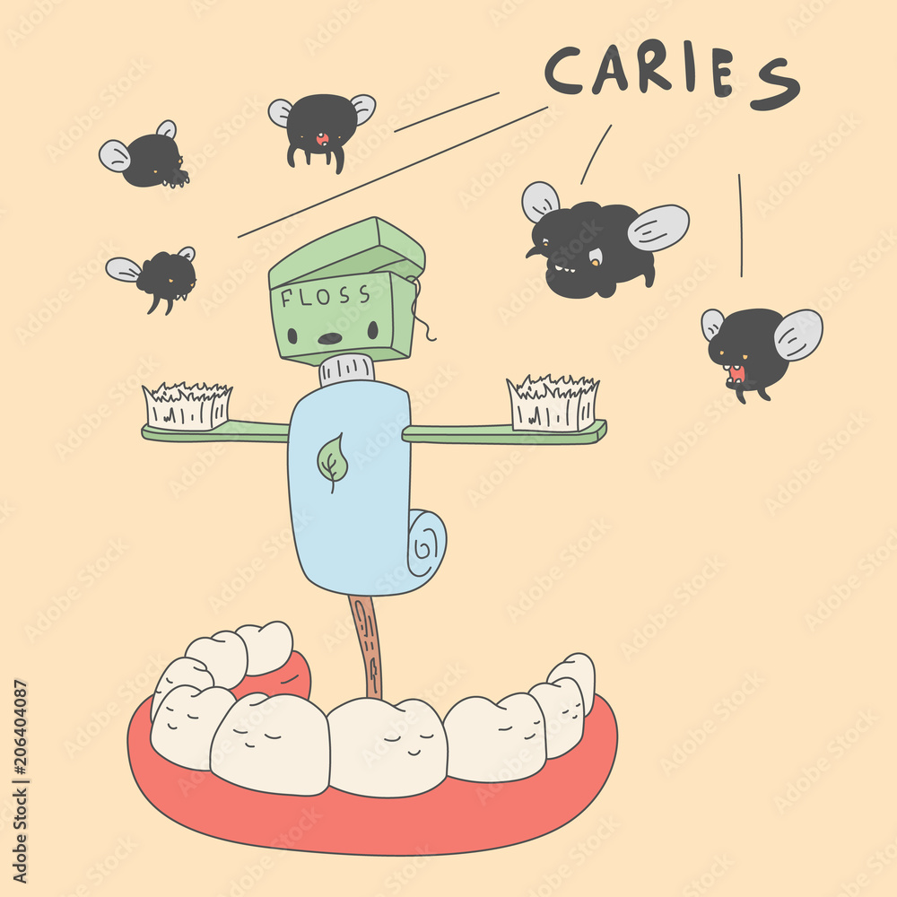 scarecrow from hygiene products protects teeth from caries. Vector ...