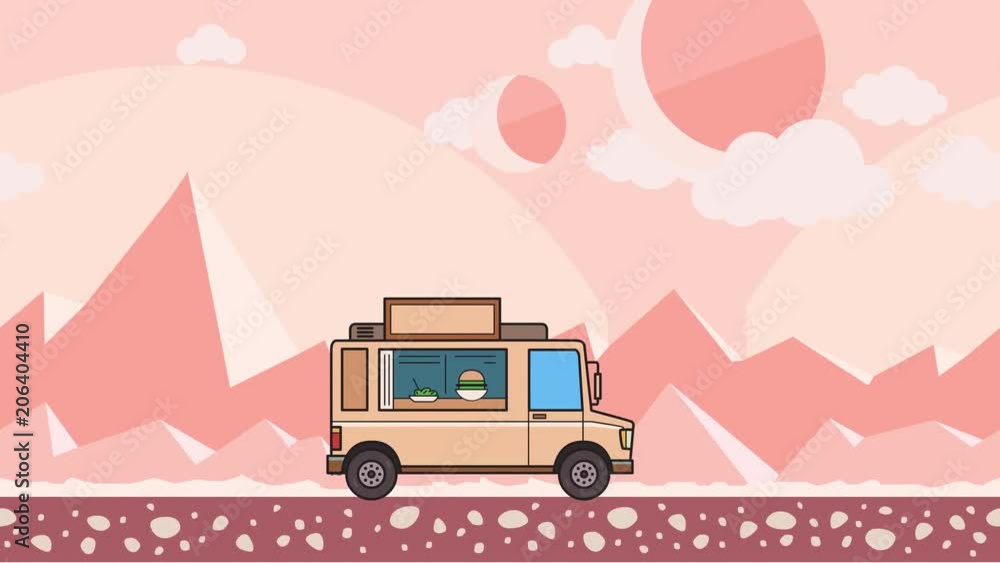 Animated food truck riding through alien planet desert. Moving vehicle ...