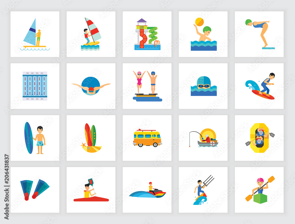 Swimming activity concept. Flat icon set. Swimming pool, water park ...