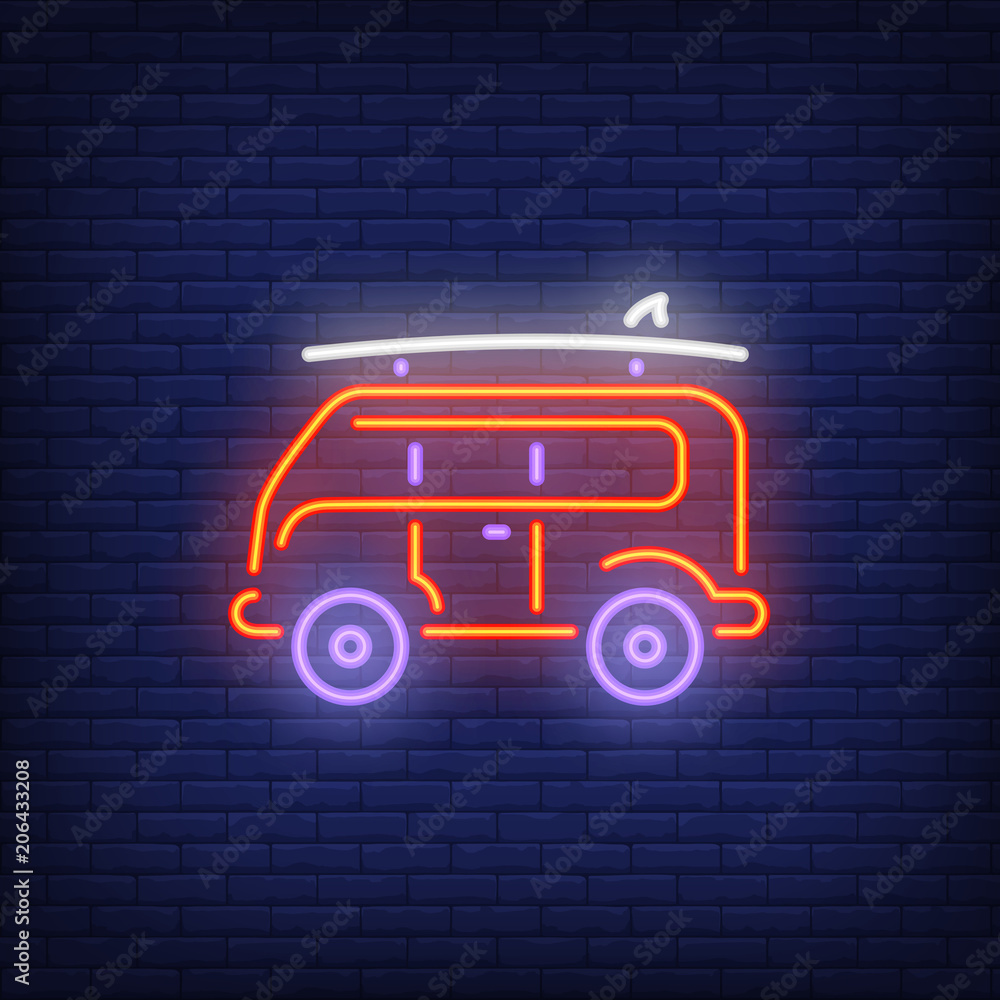 Surfer van neon sign. Retro bus with surfboard on roof on dark brick ...