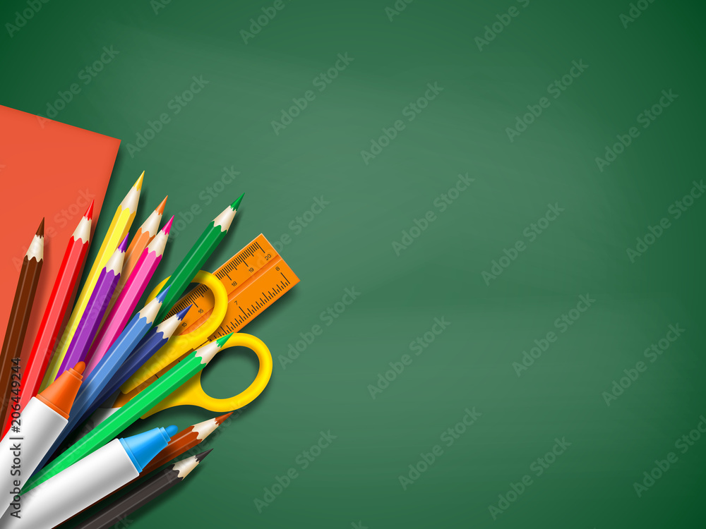 Realistic school supplies on blackboard background. Back to school ...