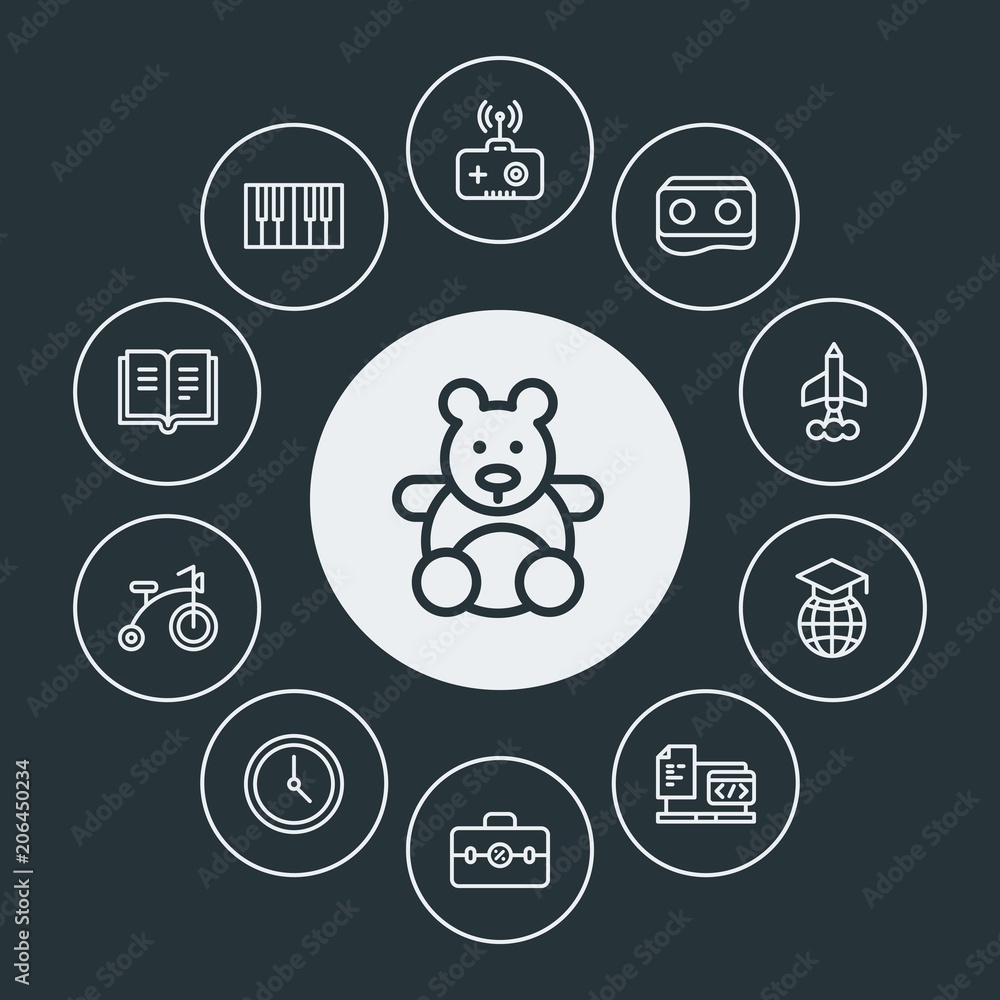 education, kids and toys Infographic Circle outline Icons Set. Contains ...