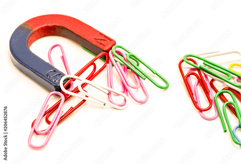 U-shaped red and blue magnet attracting paper clips isolated on white ...