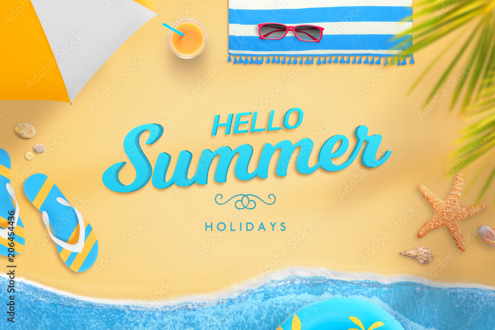 Hello summer holidays text on top view beach scene with sand and sea ...