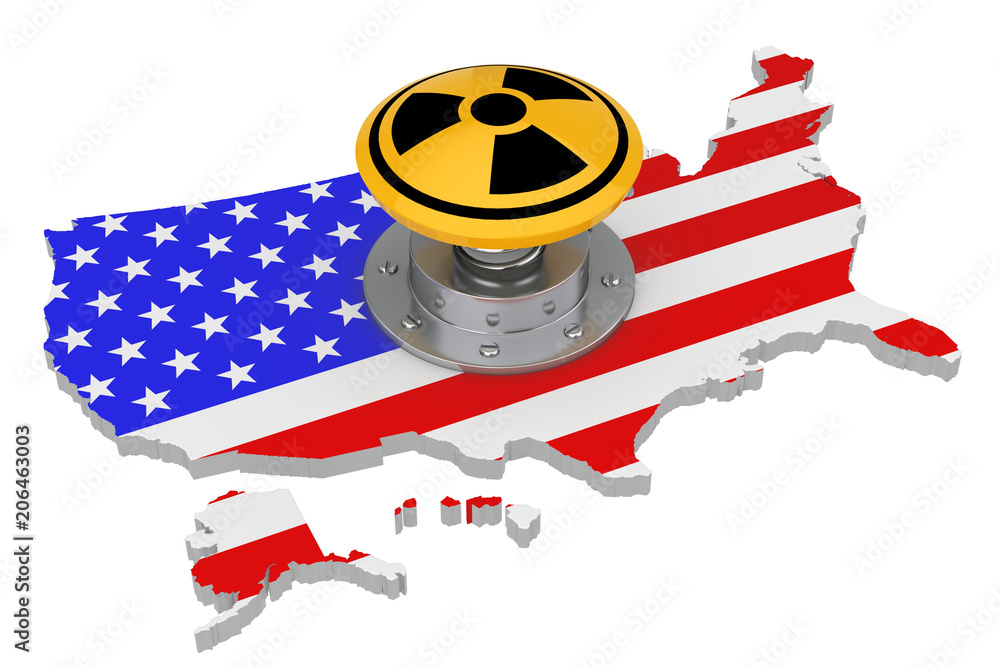 Yellow Atomic Bomb Launch Nuclear Button with Radiation Symbol over USA ...