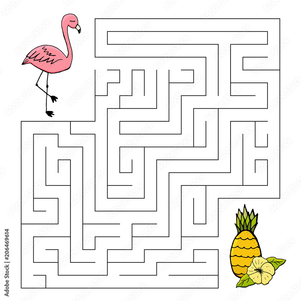 Educational maze game for children. Hand drawn cartoon flamingo and ...