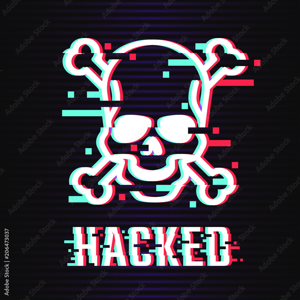Hacked glitch text. Skull and bones illustration in glitch style on ...