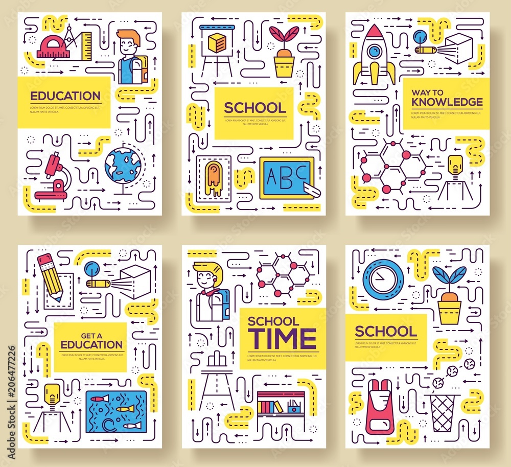 Thin line school class brochure card set. Pupils in classroom of flyear ...