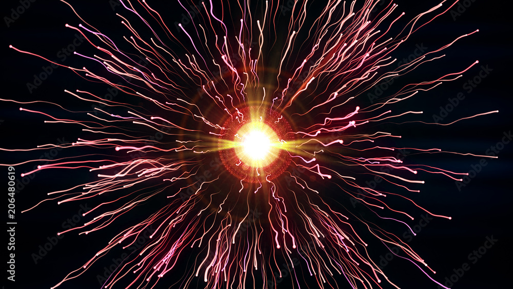 Particle collision and explosion. Bright red particles with streams ...