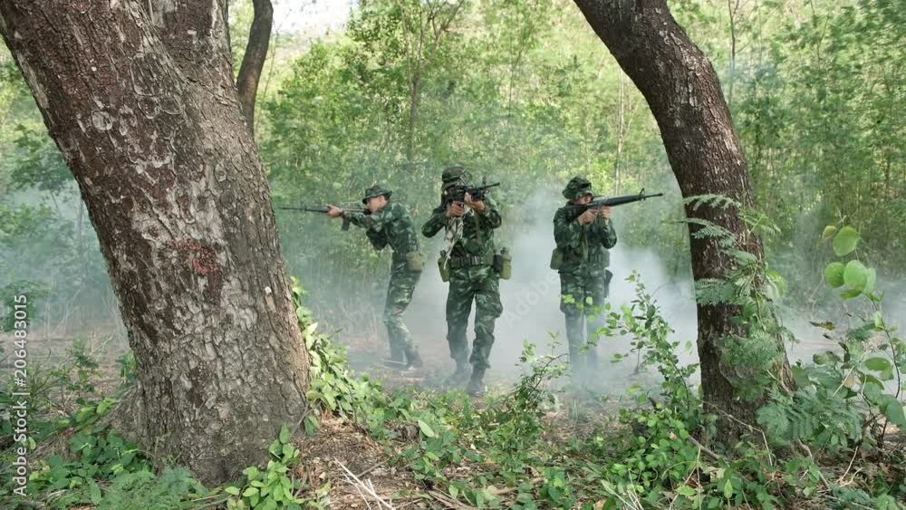 Soldiers aiming their assault rifle in jungle. Chinese soldiers in ...