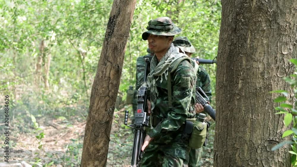 Soldiers aiming their assault rifles in jungle. Chinese soldiers in ...