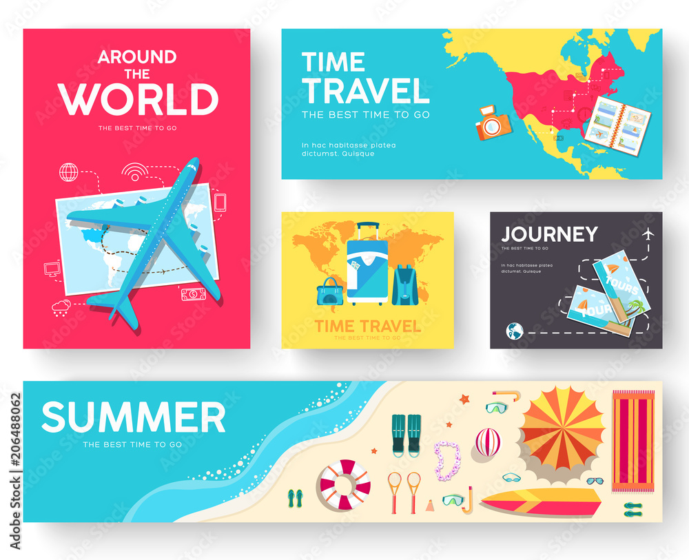Tour of the world vector brochure cards set. Travel template of flyear ...