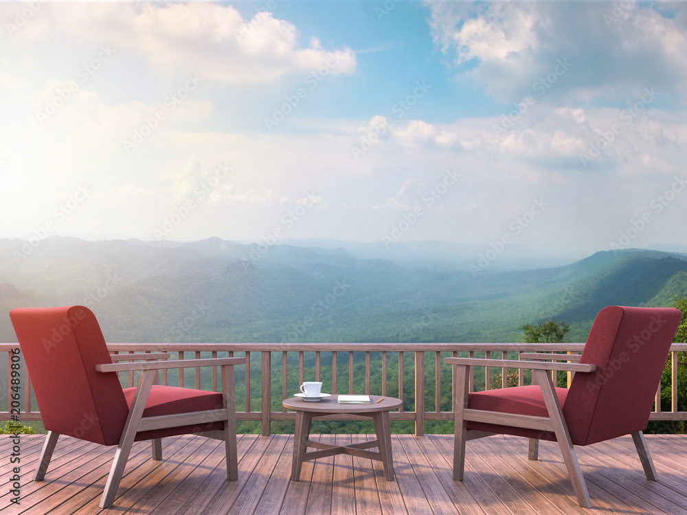 Contemporary terrace with mountain view 3d render. There are wood floor ...