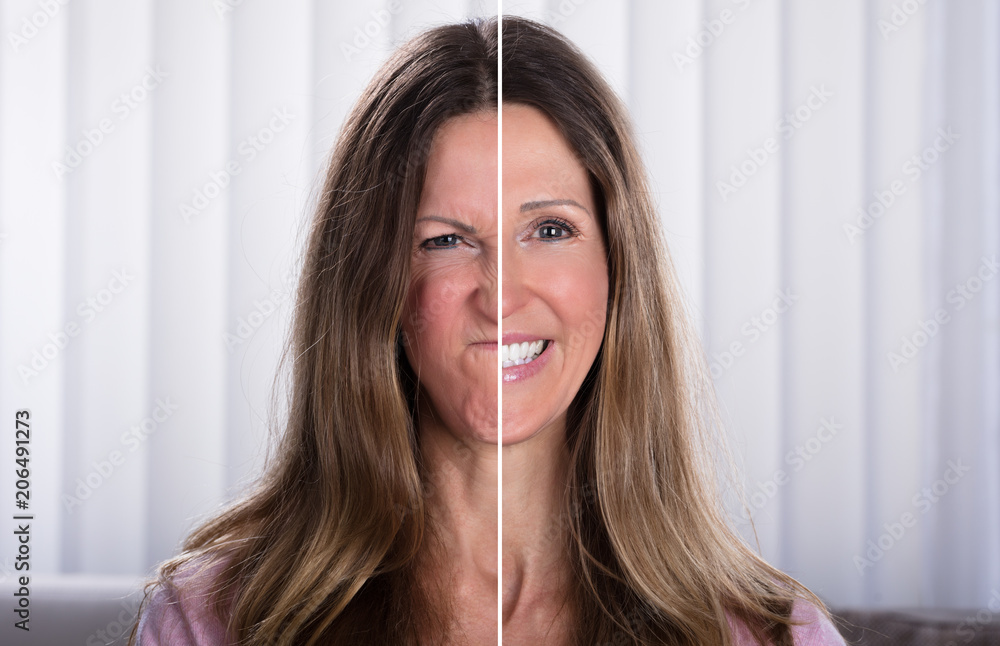 Woman's Split Face With Happy And Sad Emotion Stock Photo | Adobe Stock