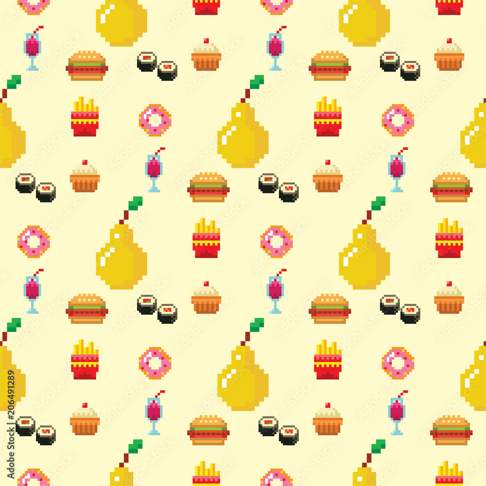 Pixel art food computer design seamless pattern background vector ...