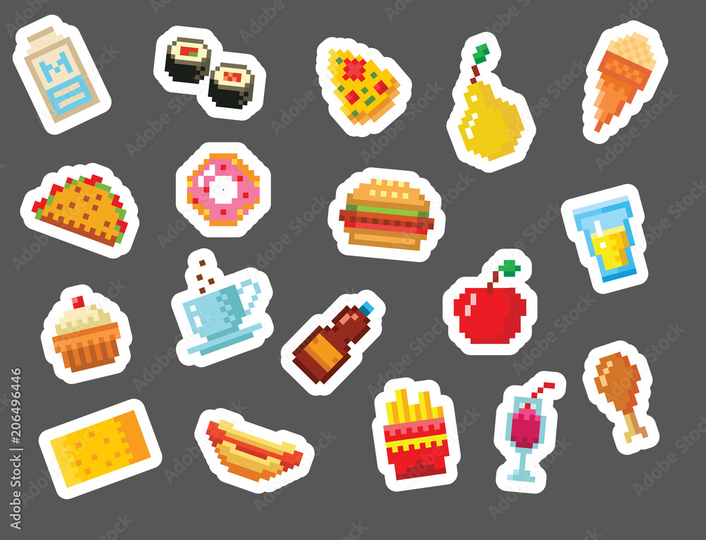 Pixel art food computer design icons vector illustration restaurant ...