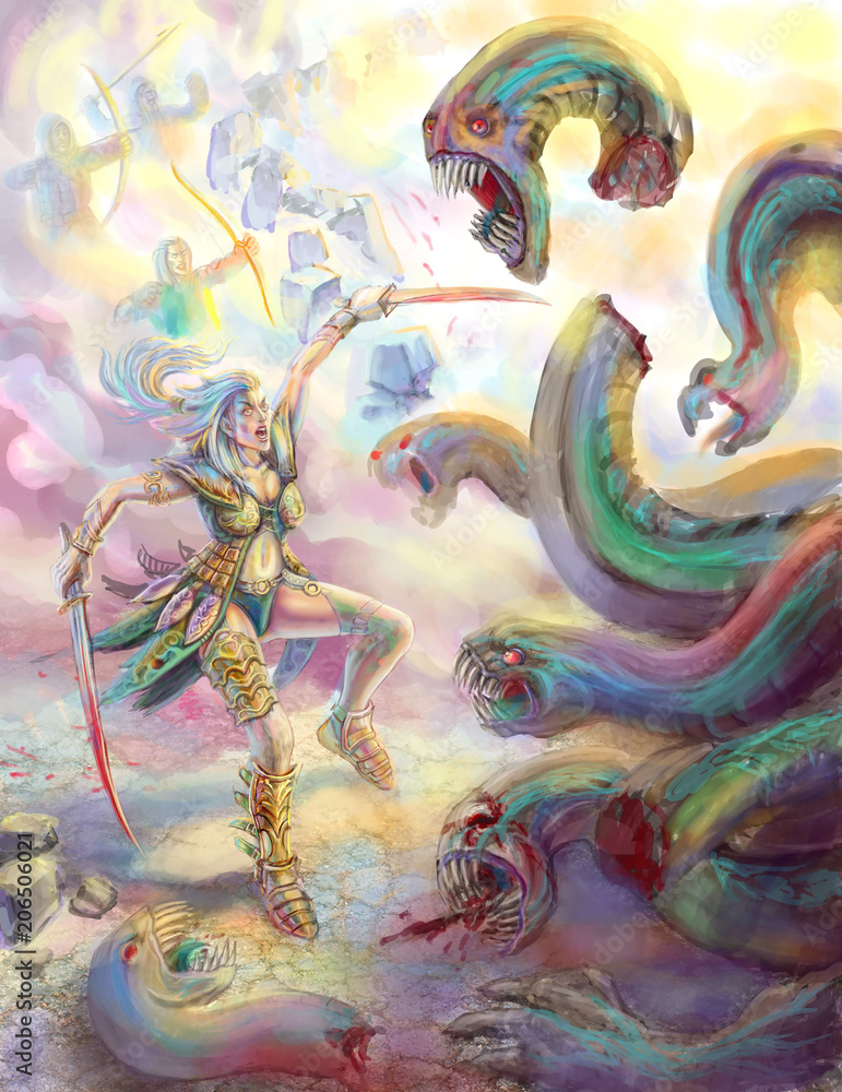 Amazon warrior with two swords cuts off the dragon head Stock ...