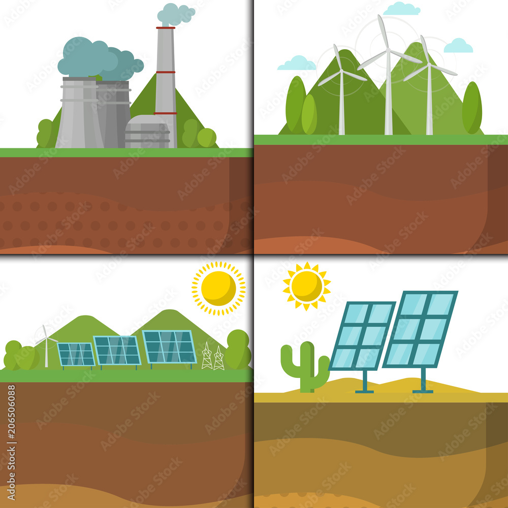 Generation energy types power plant vector renewable alternative source solar and tidal, wind ...
