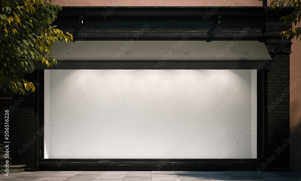 Blank shop window in the night street with light on the frame. 3d ...