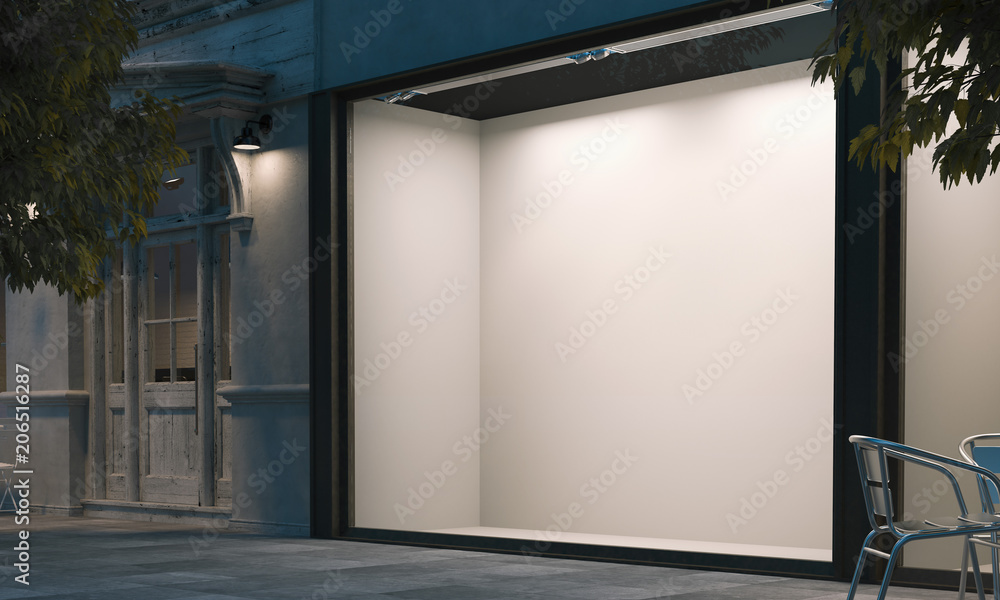 Blank shop window in the night street with light on the frame. 3d ...