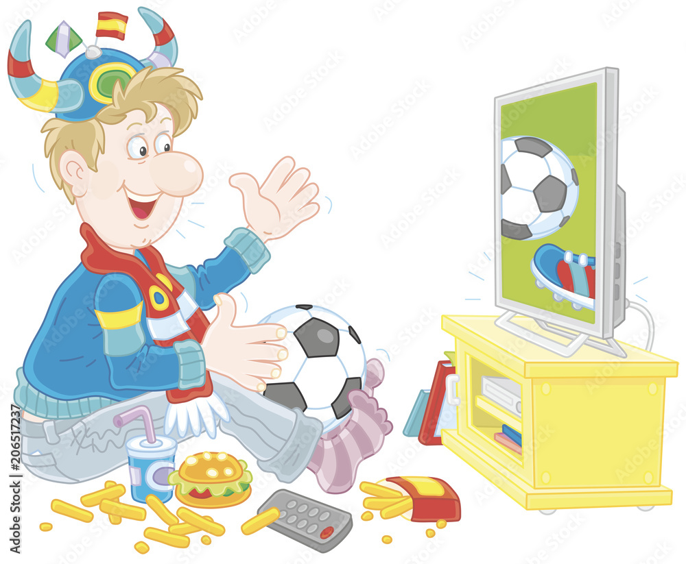 Soccer fan watching a football match on television, vector illustration ...