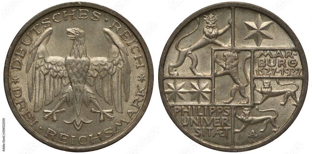 Germany German silver coin 3 three mark 1927, Weimar Republic, eagle ...