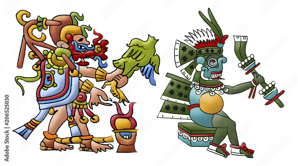 Mayan - Aztec deities Kukulkan and Tlaloc isolated on white background ...